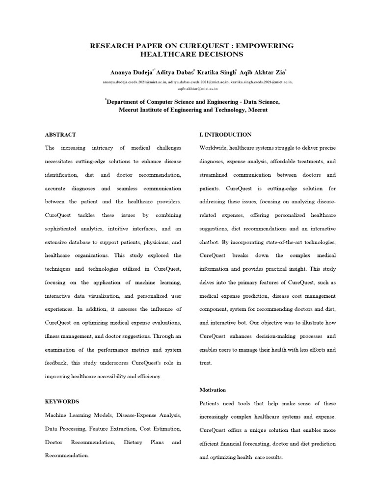 Research Paper on CureQuest(Final Submission) | PDF | Machine Learning | Information Science