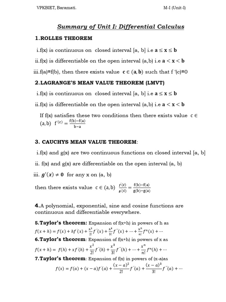 Summary Unit-I Differential Calculus | PDF | Mathematical Objects | Real Analysis
