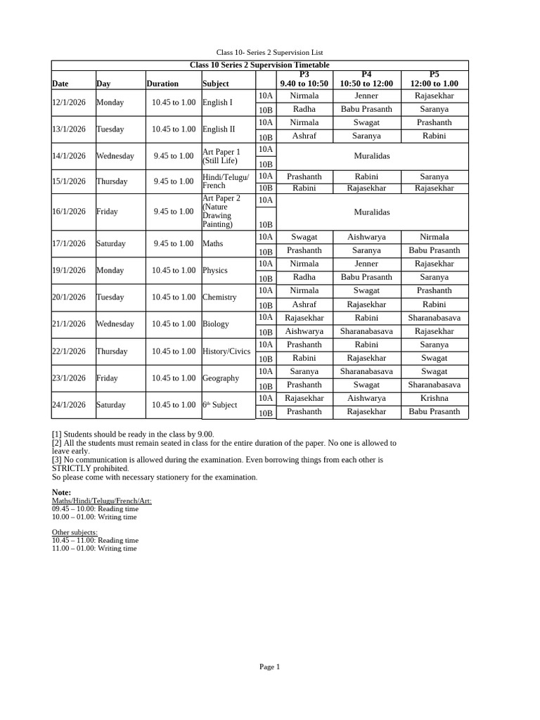 Class 10 Series 2 Supervision Schedule | PDF