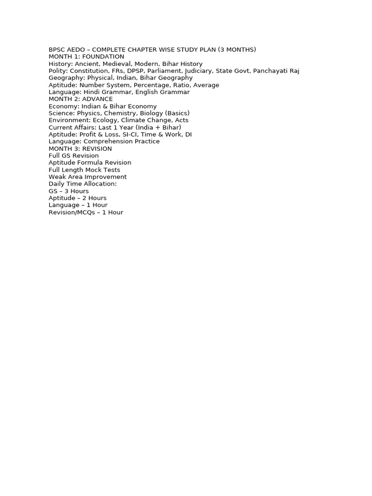 BPSC AEDO 3-Month Study Plan Guide | PDF
