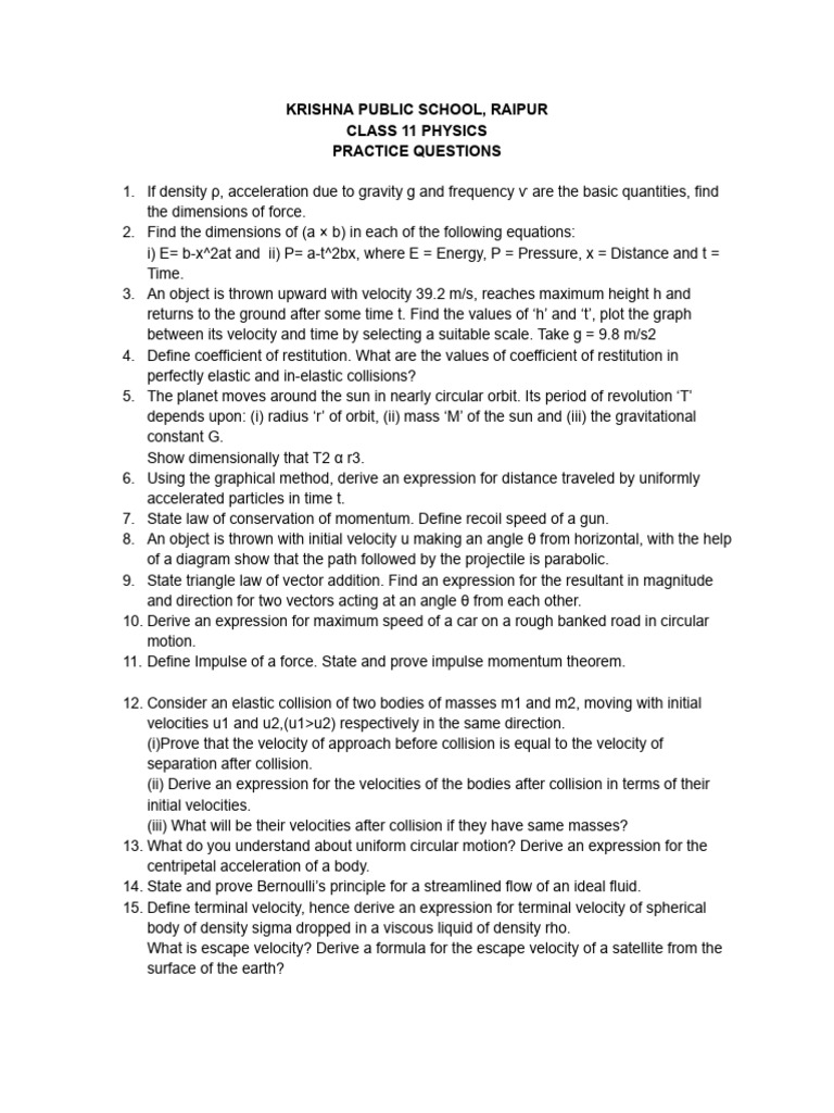 Class 11 Physics Practice Questions | PDF | Force | Rotation Around A ...