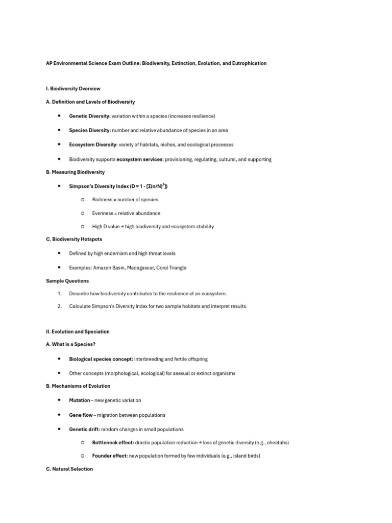 AP Environmental Science Exam Outline | PDF | Evolution | Eutrophication