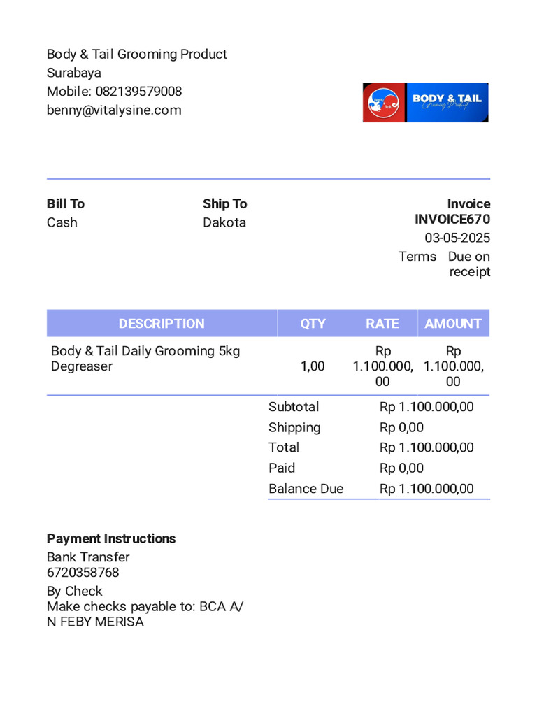 Body & Tail Grooming Invoice 670 | PDF