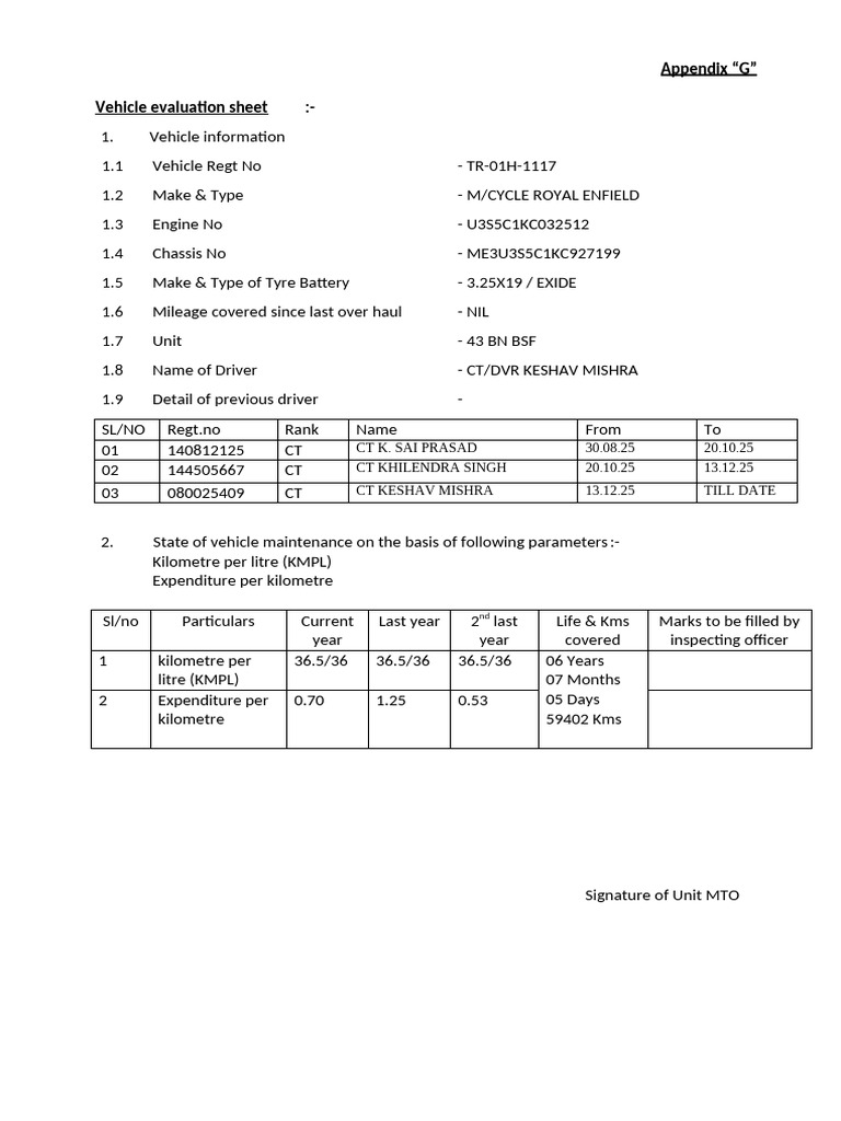 Vehicle Evaluation Sheet for BSF Motorcycles | PDF | Transport | Vehicles