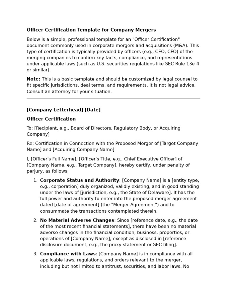 Officer Certification Template for Company Mergers | PDF | Mergers And ...
