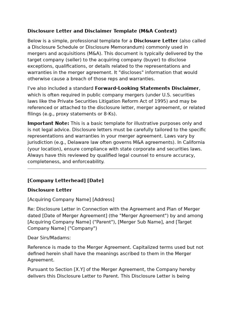 M&A Disclosure Letter Template | PDF | Mergers And Acquisitions ...