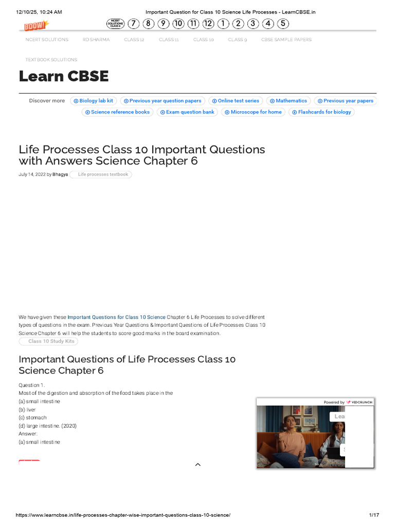 Important Question For Class 10 Science Life Processes - LearnCBSE - in ...