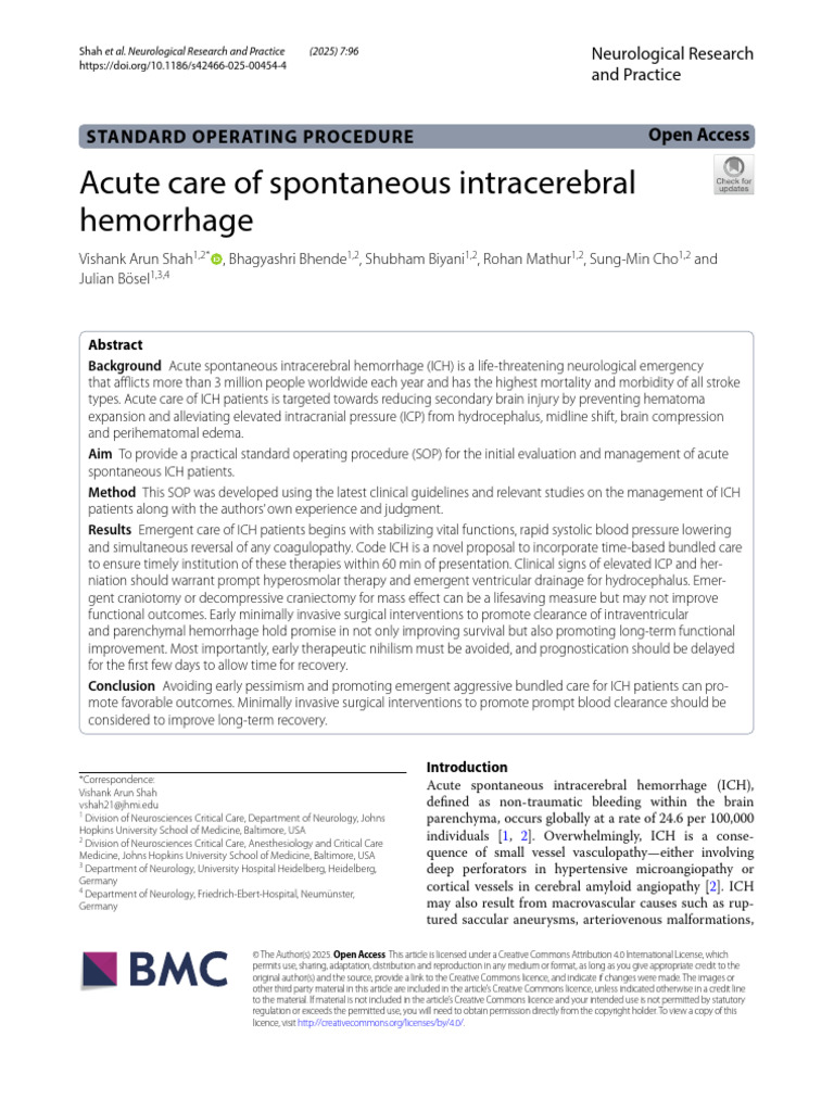 Acute Care of Spontaneous Intracerebral Hemorrhage | PDF