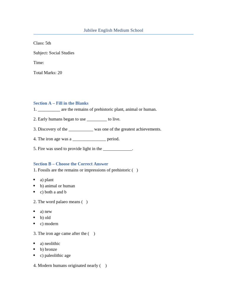 5th Class Social Studies Question Paper | PDF