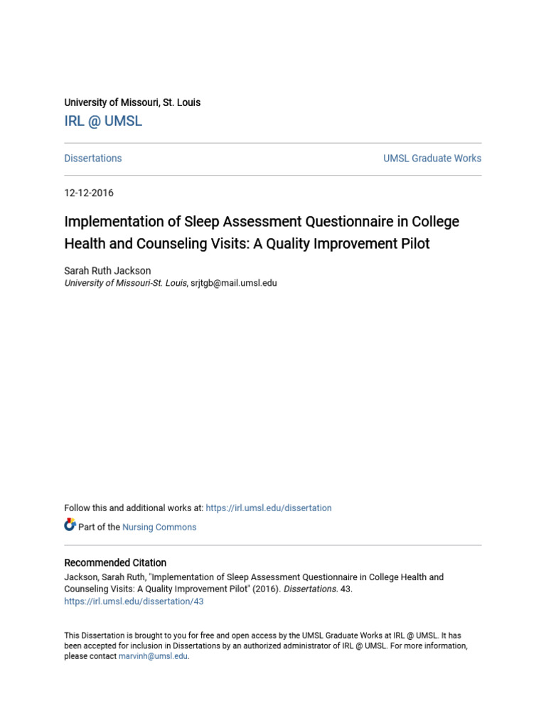 Implementation of Sleep Assessment Questionnaire in College Healt | PDF ...