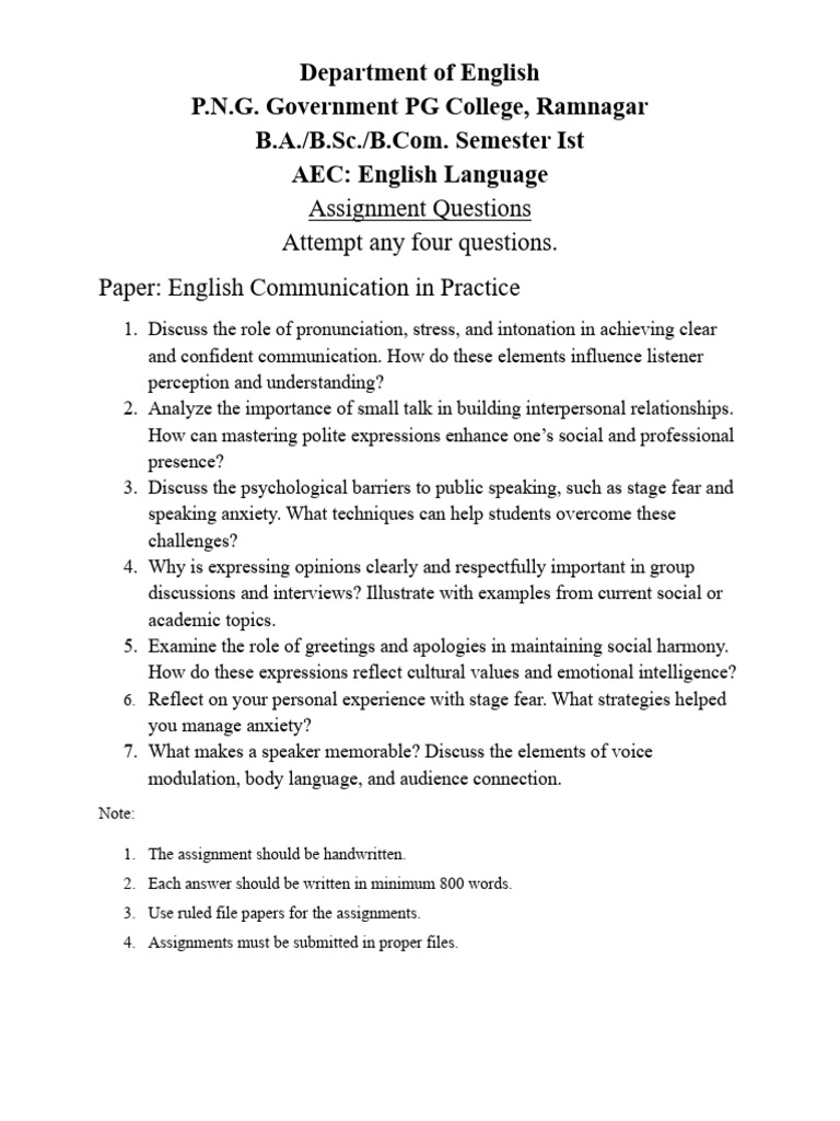 English Communication Assignment Questions | PDF