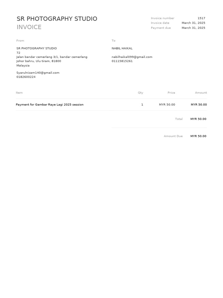 Sr Photography Studio Invoice 1517 | PDF