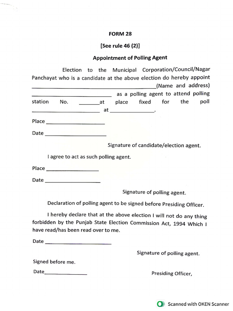 Form 28 - Appointment of Polling Agent | PDF
