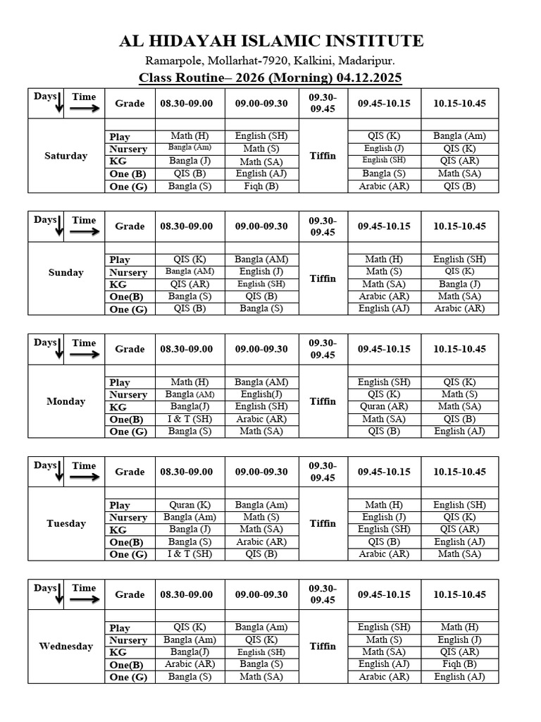 Al Hidayah Islamic Institute Class Schedule | PDF | Islamic ...