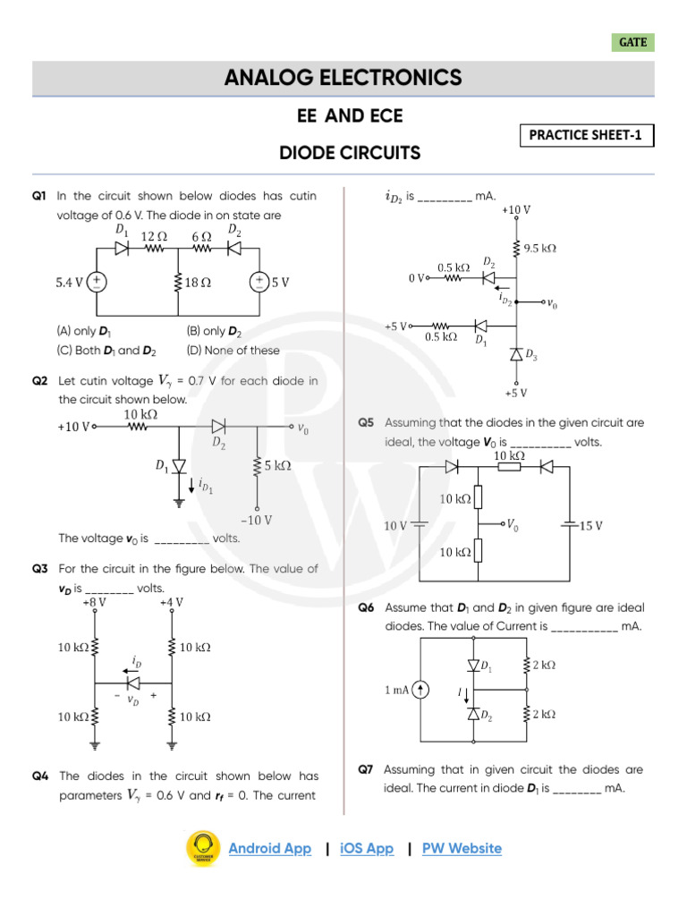 Diode Circuits Practice sheet 01 | PDF | Diode | Electricity