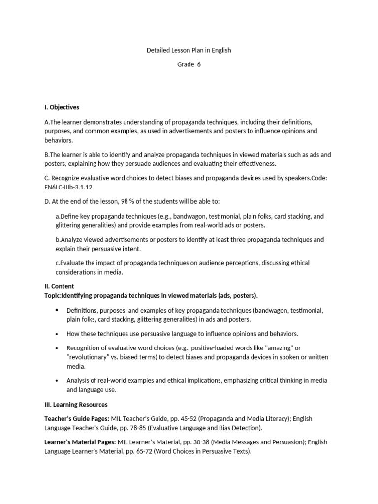 Grade 6 Lesson Plan: Analyzing Propaganda Techniques | PDF | Propaganda ...