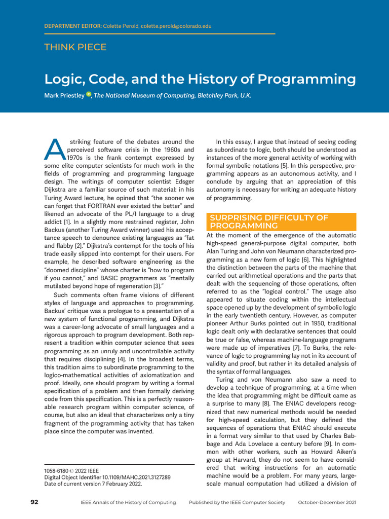 Logic Code and the History of Programming | PDF | Computer Programming | Computer Program
