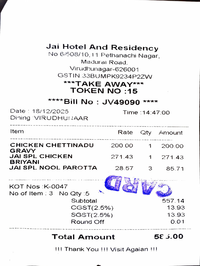 Takeaway Bills from Jai Hotel & Green Tree | PDF | Cuisine | Indian Cuisine