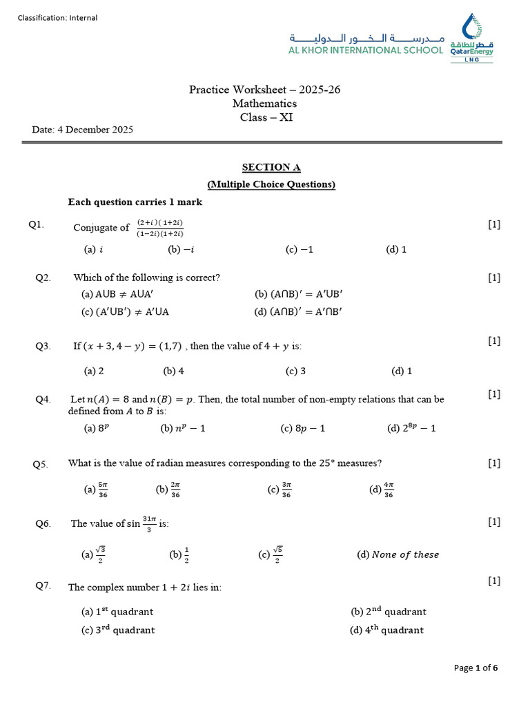 Class XI Mathematics Practice Worksheet | PDF | Circle | Angle