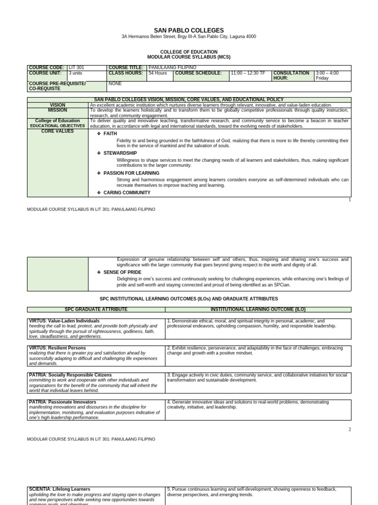 Modular Syllabus for LIT 301: Panulaang Filipino | PDF | Artificial ...