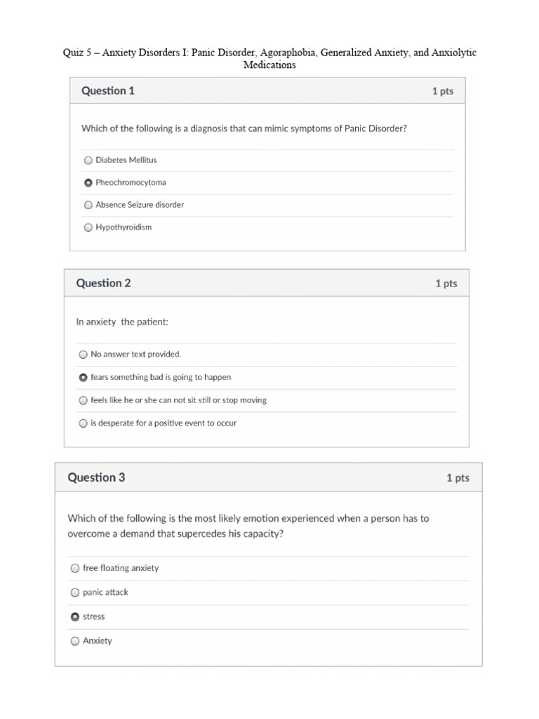 Quiz 5 – Anxiety Disorders I Panic Disorder, Agoraphobia, Generalized | PDF
