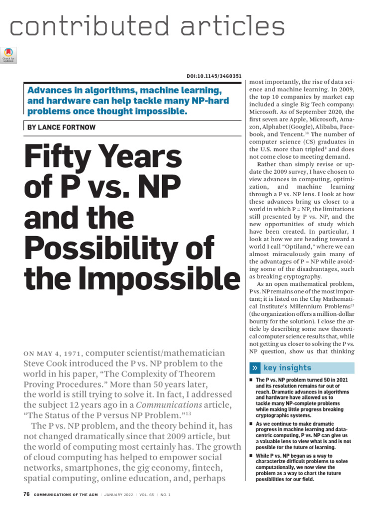 Fifty Years of P vs. NP and the Possibility of the Impossible | PDF ...
