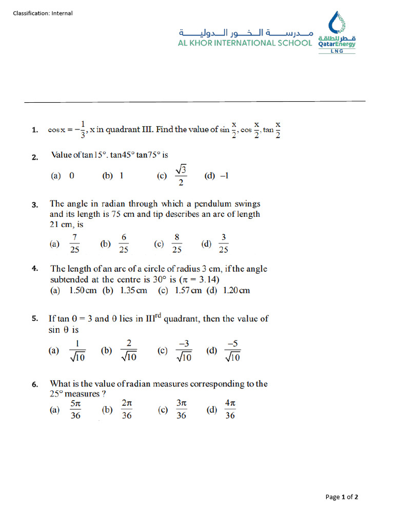 Grade 11 Trigonometric Functions Worksheet | PDF