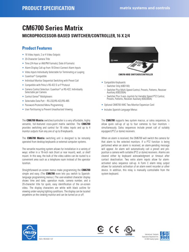 Pelco CM6700 Series Matrix Spec | PDF | Computer Keyboard | Electronic ...