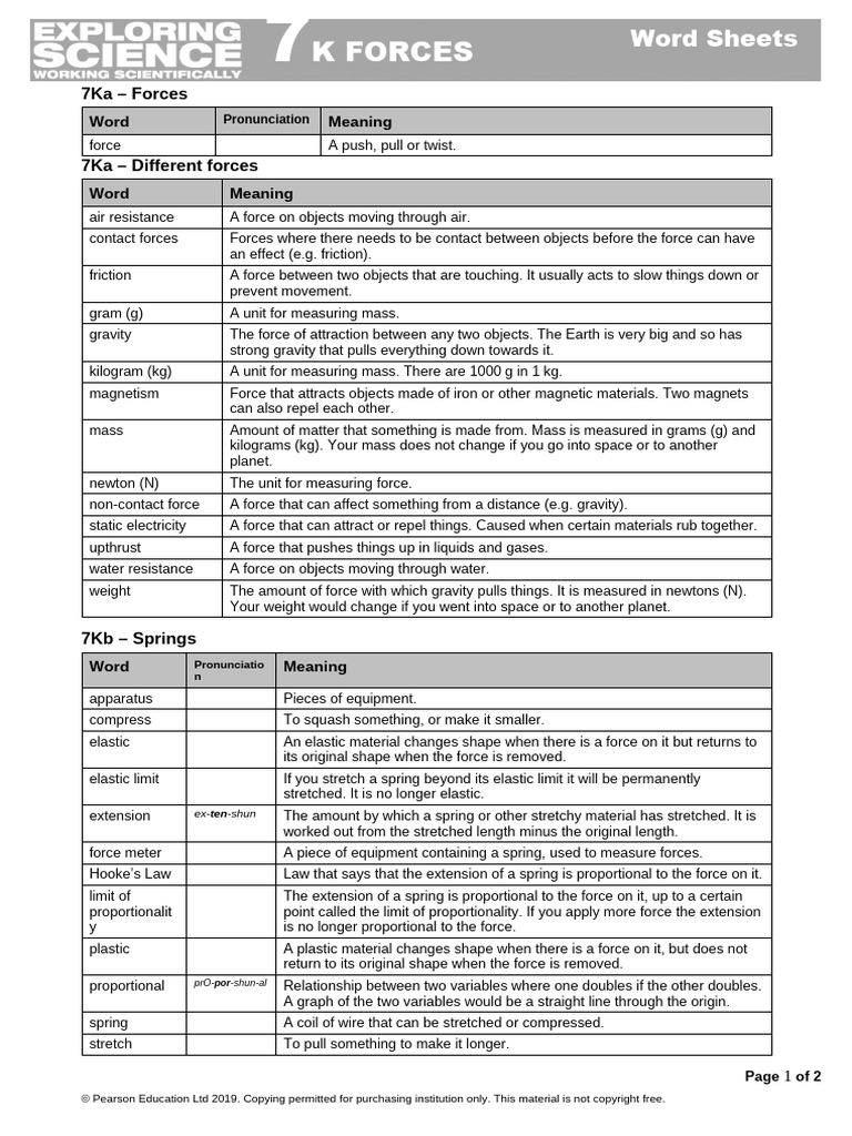 7K Forces Word Sheet Qt | PDF | Force | Weight