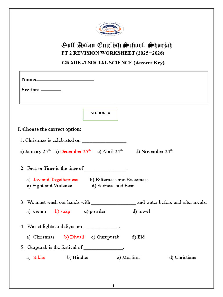 Grade 1 Ind Sst Pt2 Revision Worksheet (Answer Key) | PDF