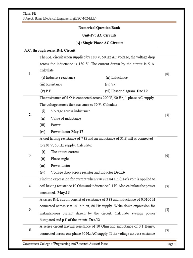 AC Circuits Numerical Question Bank | PDF | Electrical Impedance | Ac Power