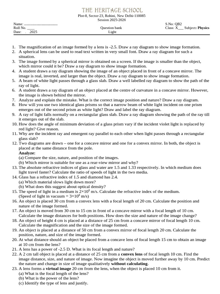 Class X Physics Question Bank on Light | PDF | Refractive Index ...