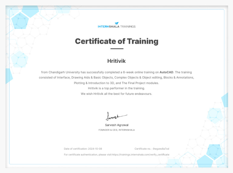 Hritivik's AutoCAD Training Completion | PDF