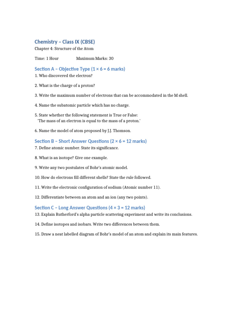 Class IX Chemistry: Structure of the Atom | PDF