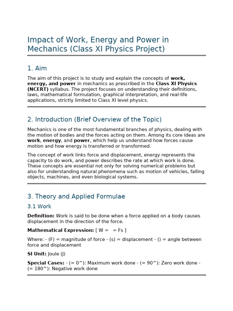 Class Xi Physics Project_ Work, Energy and Power in Mechanics | PDF | Force | Power (Physics)