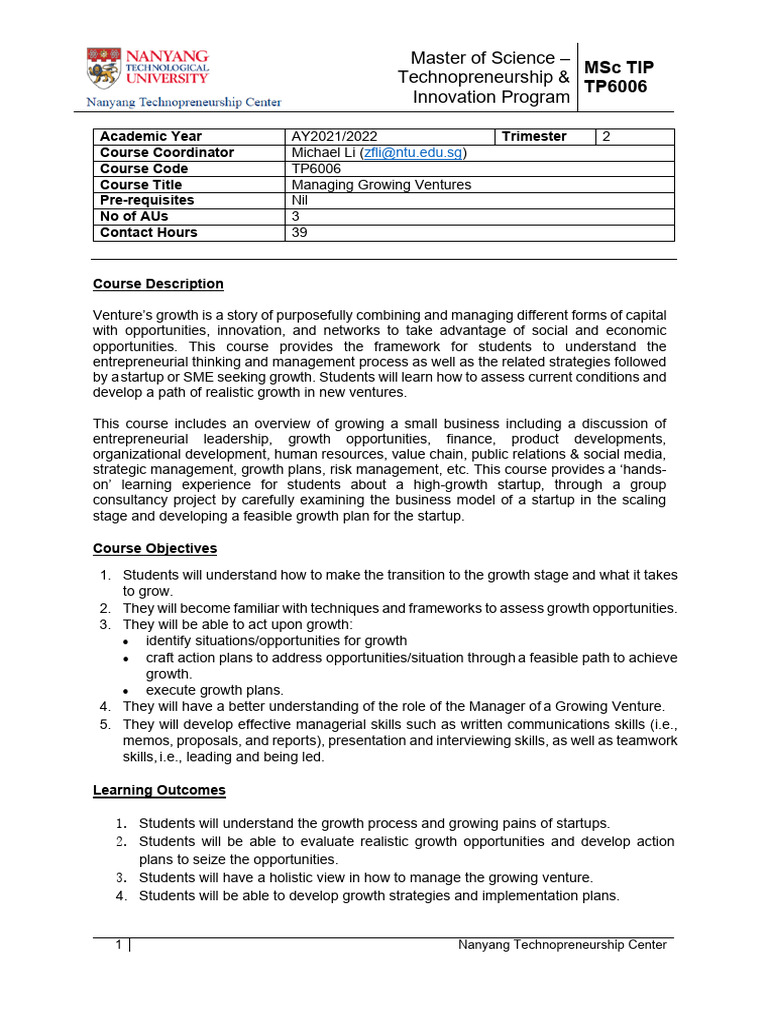 TP6006 - Course Plan 2021-2022-Trimester 2 | PDF | Startup Company | Small Business & Entrepreneurs