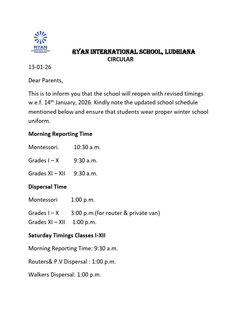 Ryan International School Timings Update | PDF