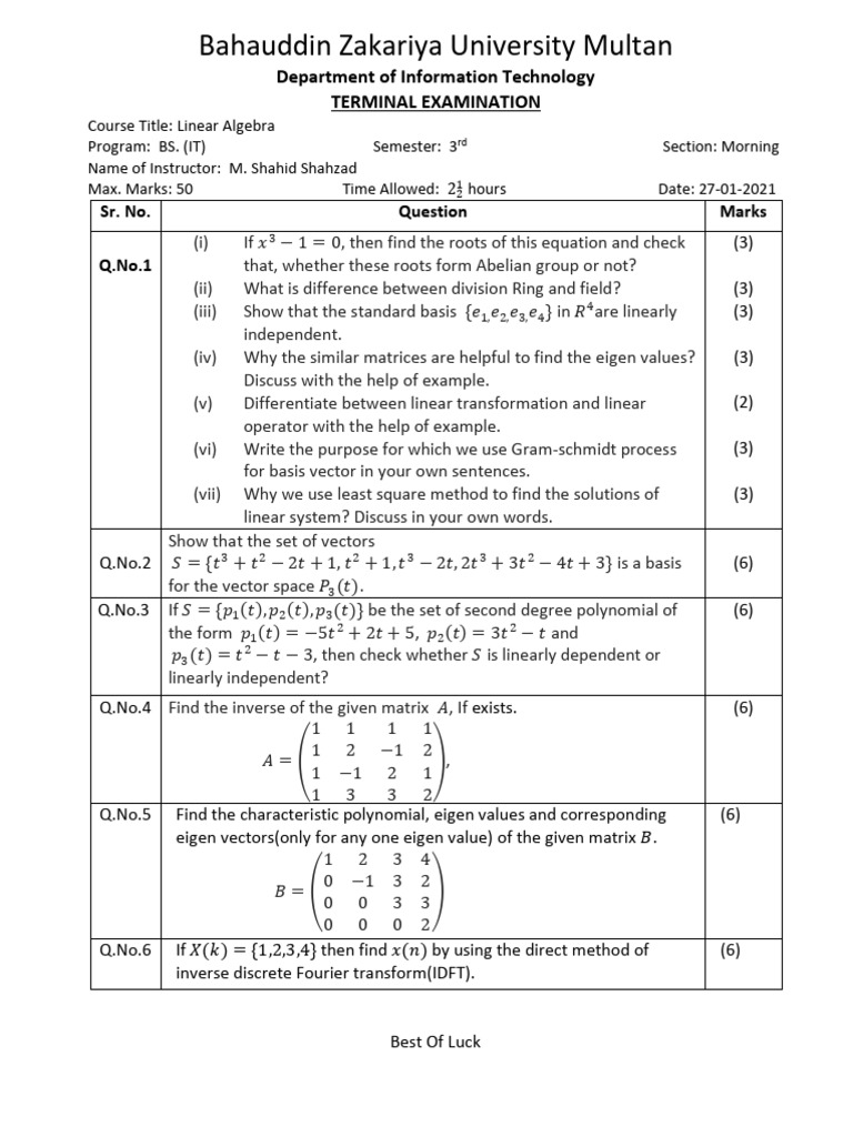 Linear Algebra Final Paper | PDF | Eigenvalues And Eigenvectors | Vector Space