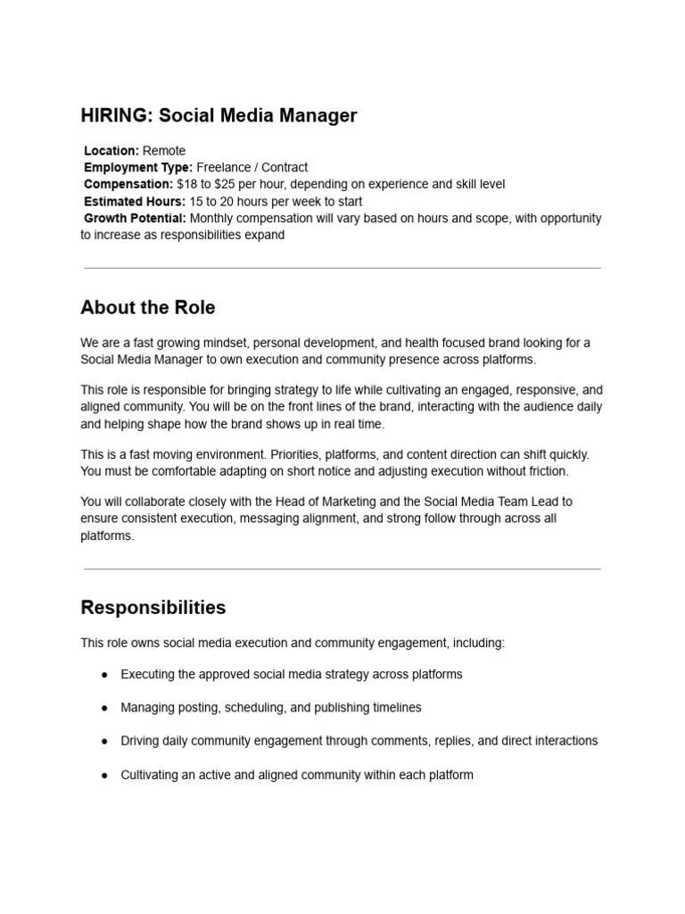 Freelance Social Media Manager Role | PDF | Social Media | Popular ...