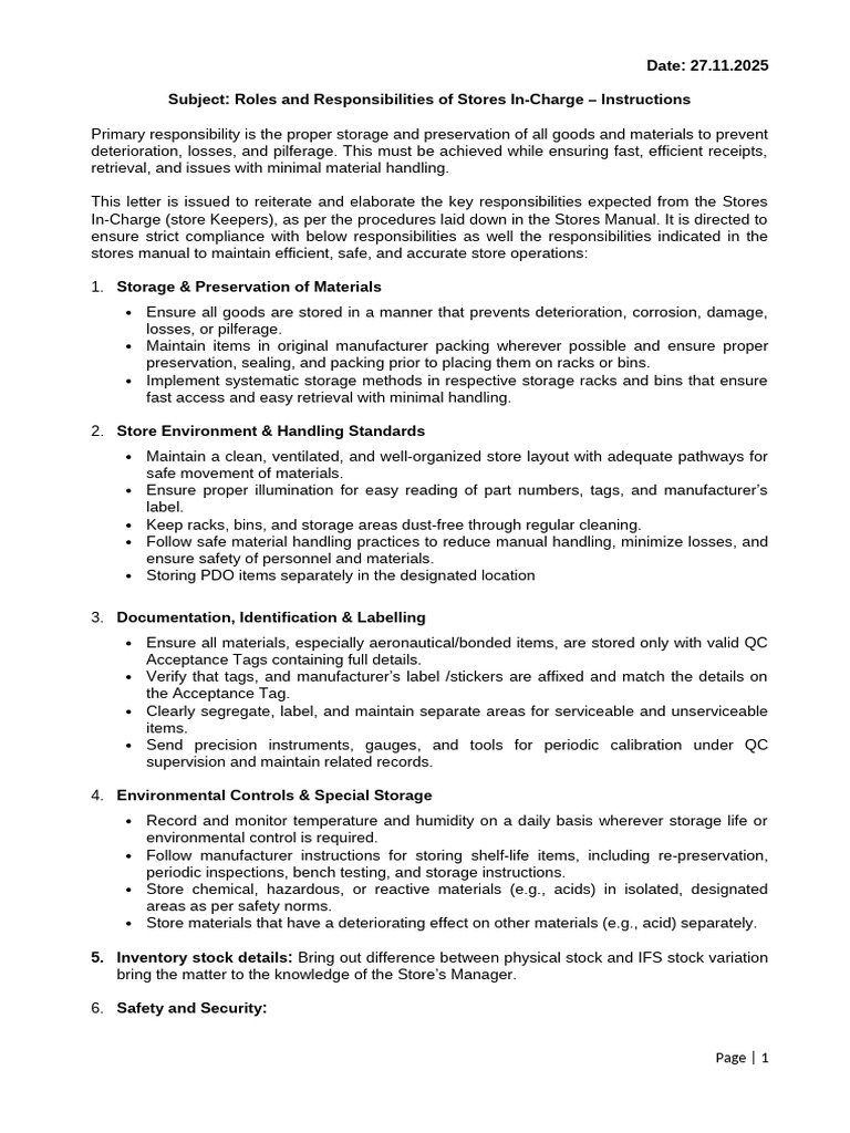 Roles on Responsibilities of Store Incharge | PDF | Shelf Life