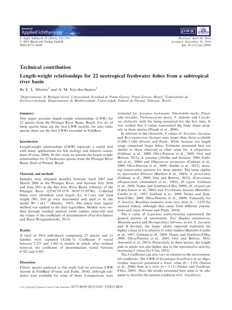 Length-weight Relationships for 22 Neotropical Freshwater Fishes From a ...