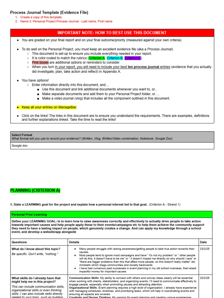 Personal Project Process Journal Template | PDF | Goal | Learning