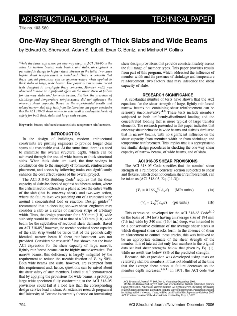 Sherwood Et Al. One Way Shear Strength of Thick Slabs and Wide Beams ...