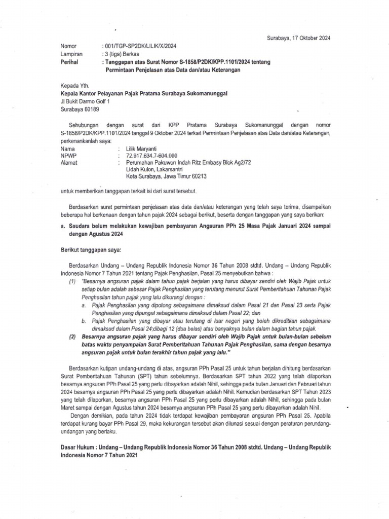 Surat Tanggapan SP2DK LM (TTD) | PDF