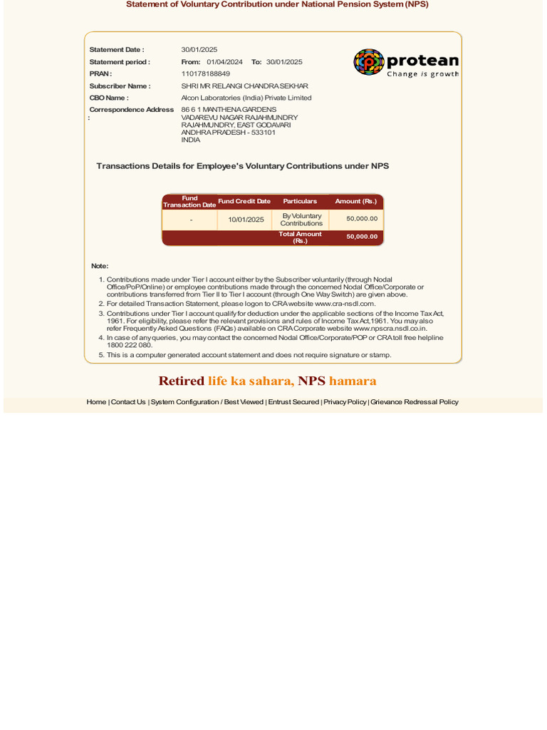 NPS Voluntary Contribution Statement 2025 | PDF