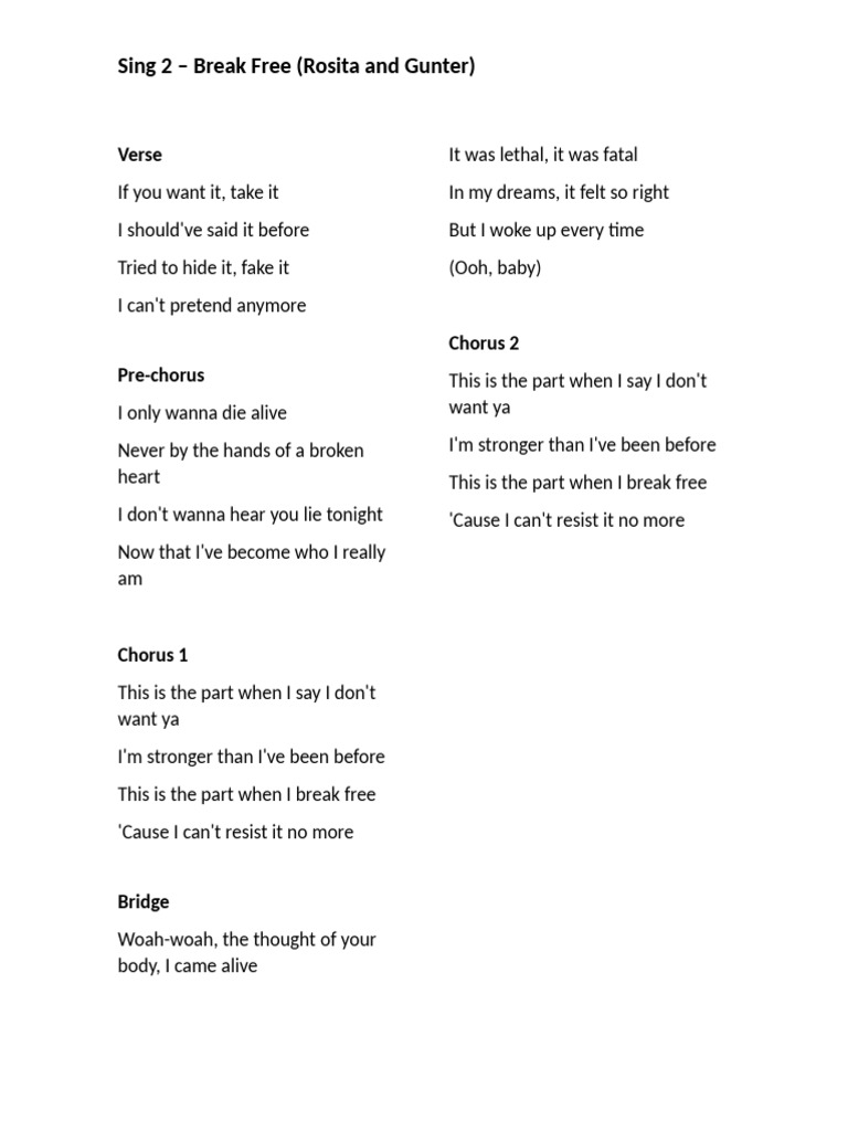 Break Free - Sing 2 | PDF
