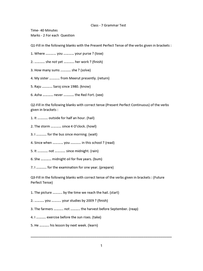 Subject Verb Aggrement & Perfect Tenses Test | PDF | Grammatical Tense ...