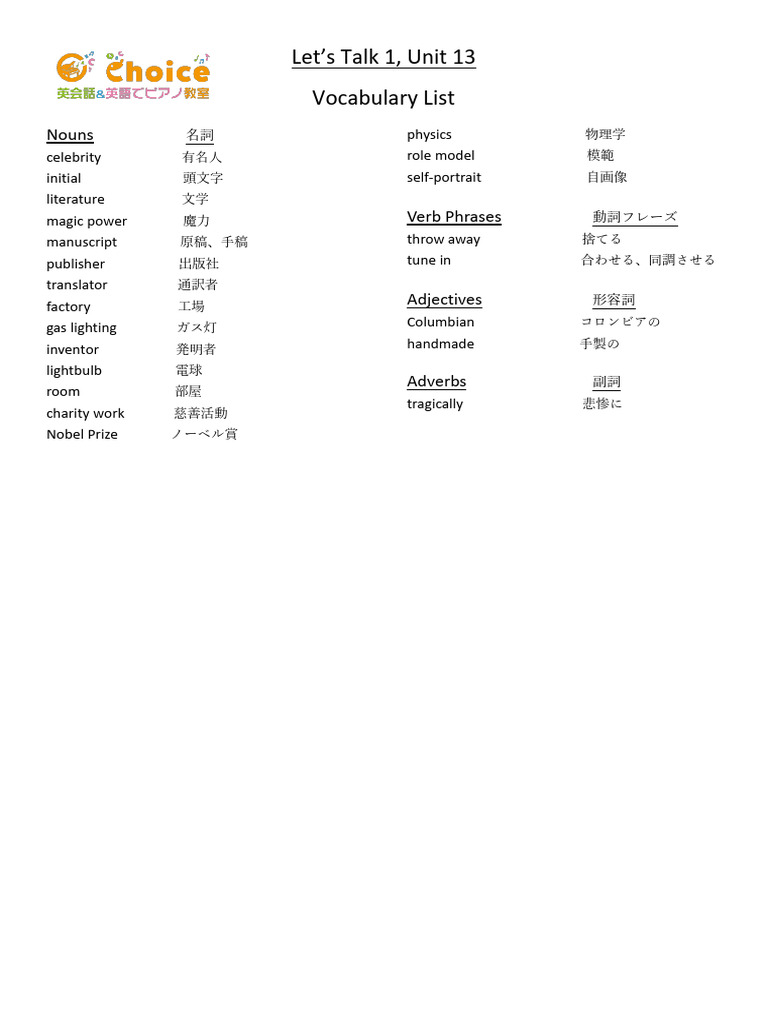 Let's Talk 1, Unit 13 Vocabulary List | PDF