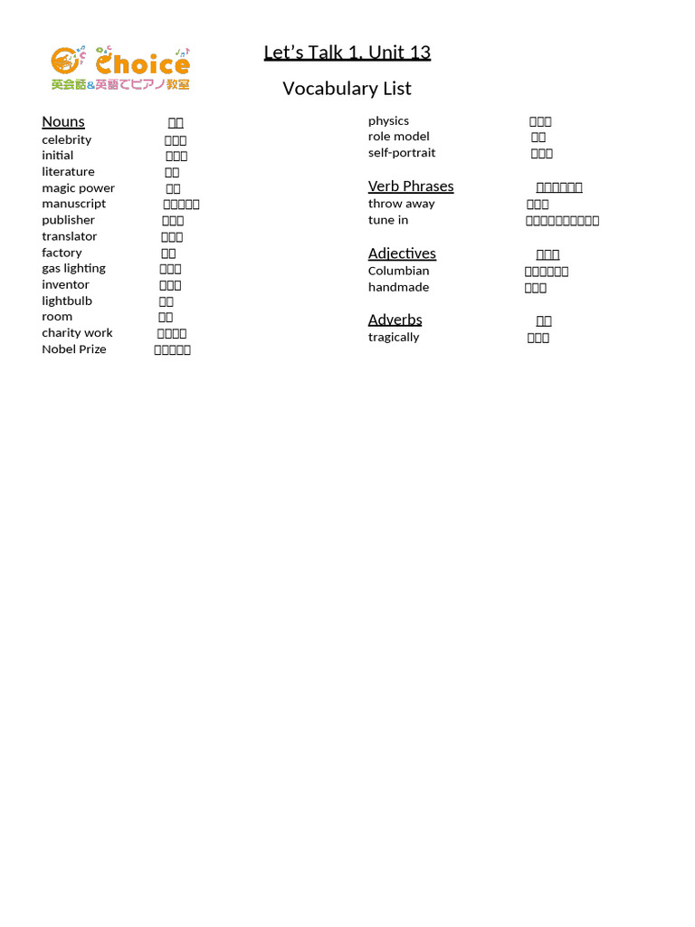Let's Talk 1, Unit 13 Vocabulary List | PDF