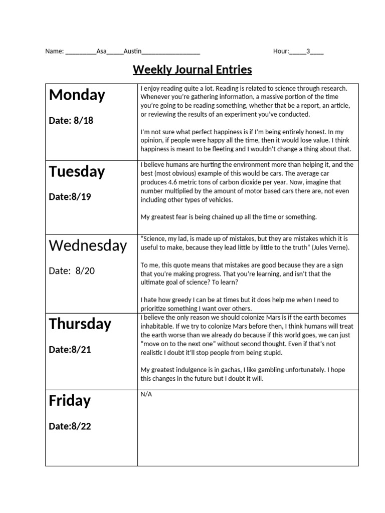 Weekly Journal Entries | PDF